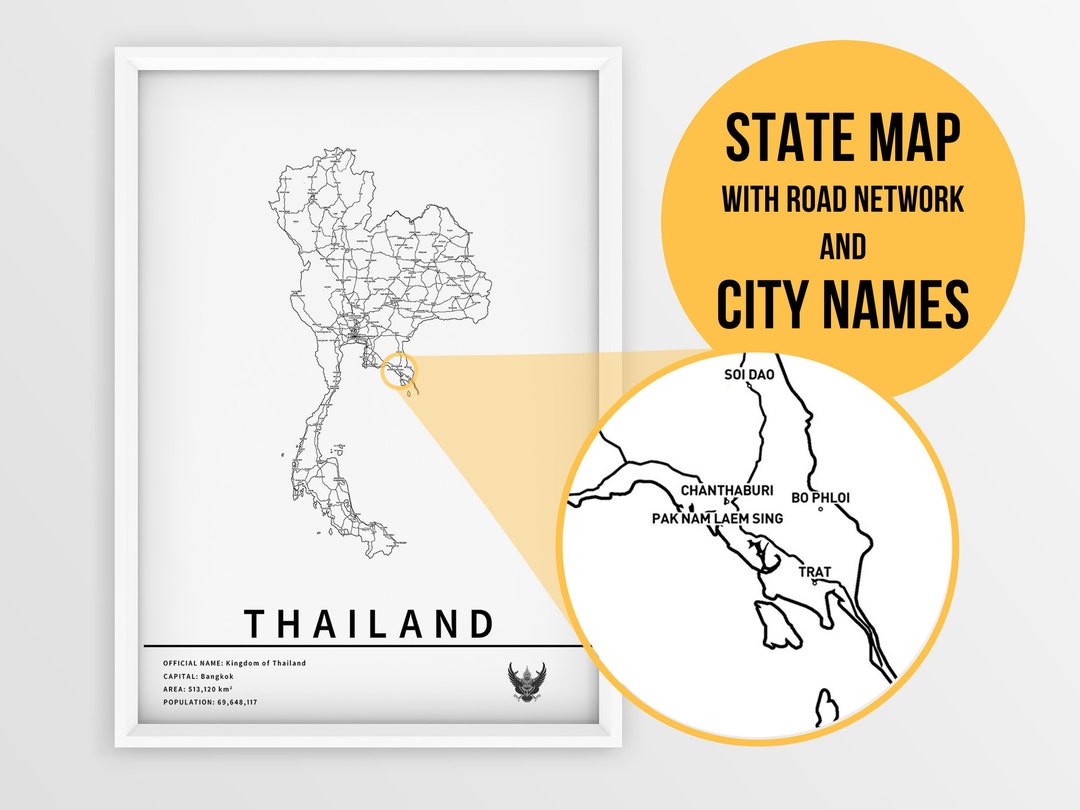 Printable Map of Thailand With City Names Instant Download Country Map ...