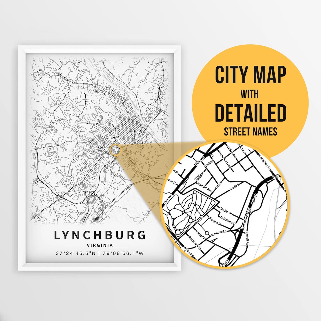 Printable Map of Lynchburg, Virginia, USA With Street Names - Instant ...