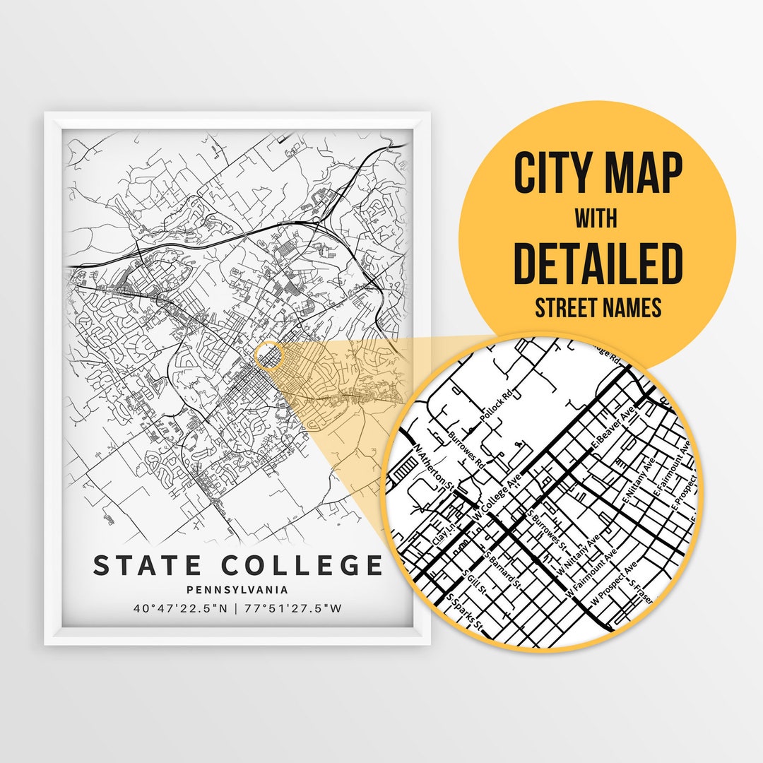 Printable Map of State College, Pennsylvania, USA With Street Names ...