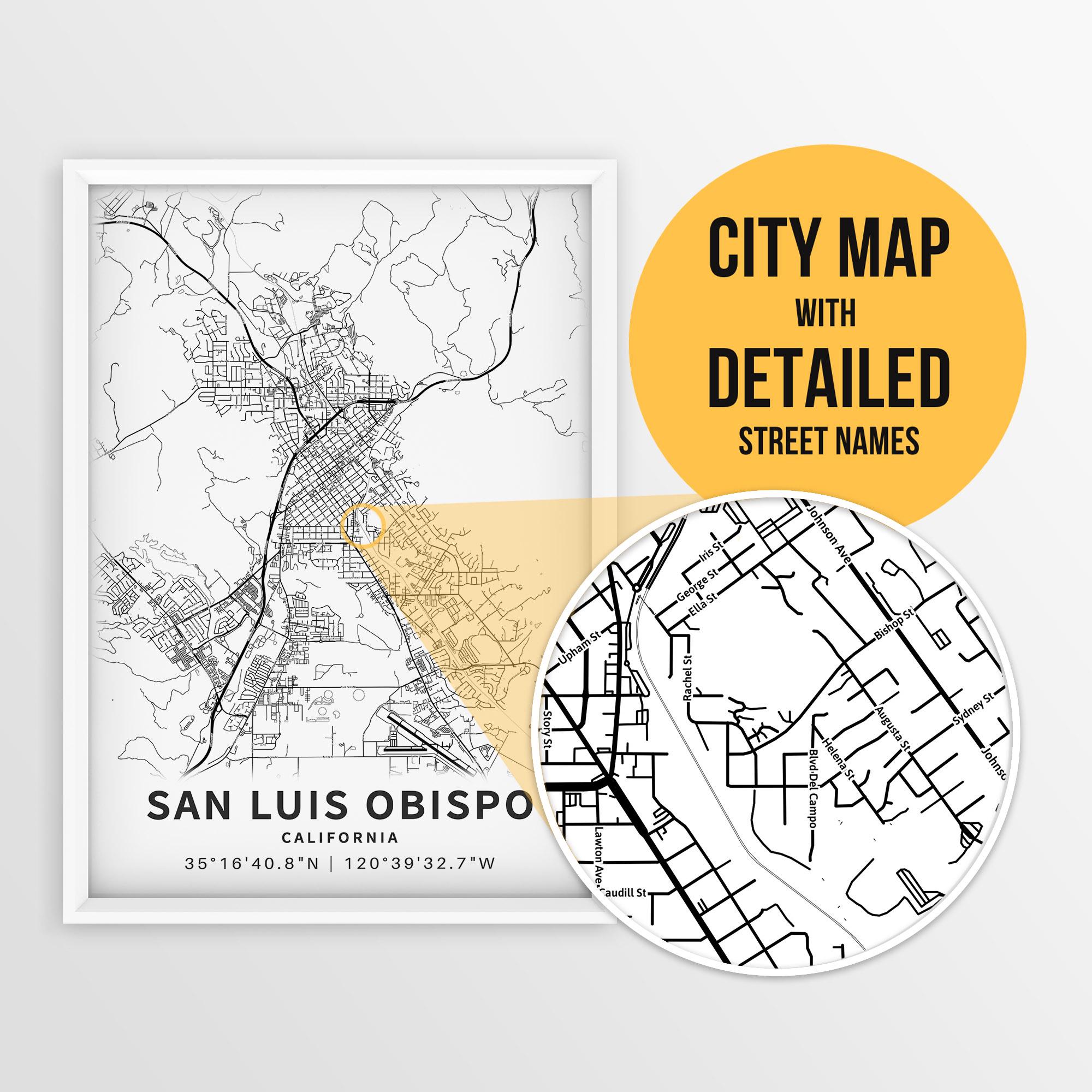 Printable Map of San Luis Obispo, California, USA With Street Names ...