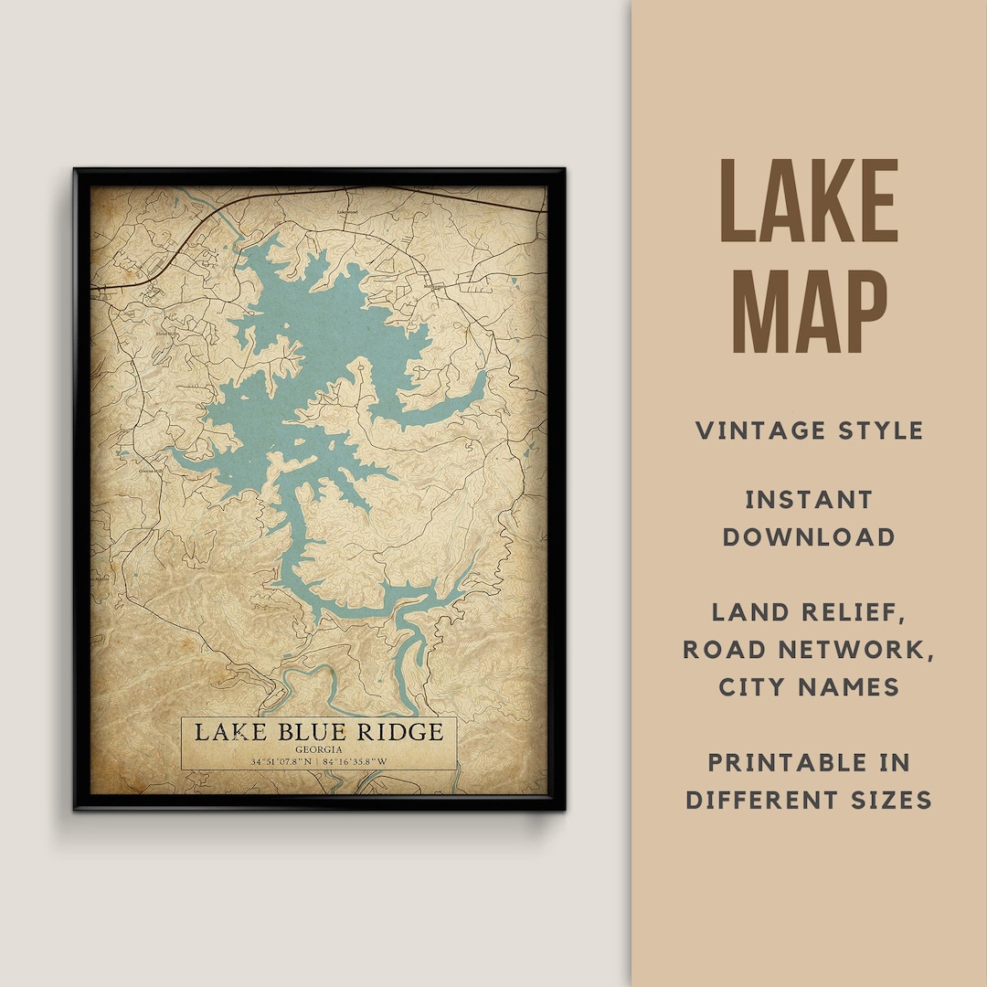 Vintage Style Map of Lake Blue Ridge, Georgia, USA With City Names ...