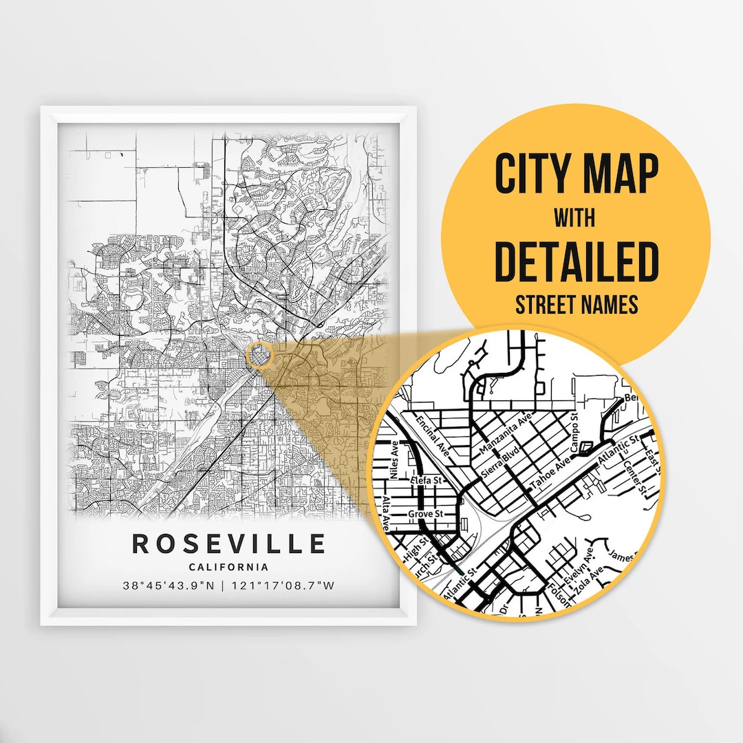 Printable Map of Roseville, California, USA With Street Names - Instant ...