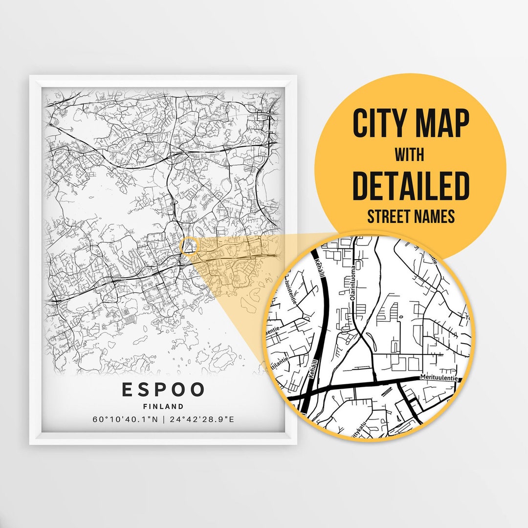 Printable Map of Espoo, Finland With Street Names - Instant Download ...