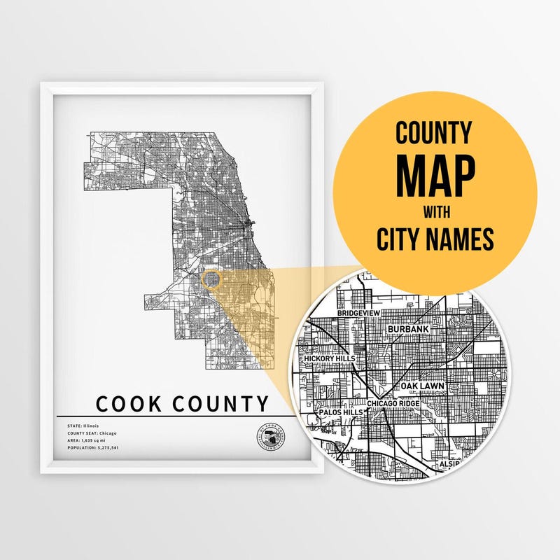Cook county map with cities - Etsy.de