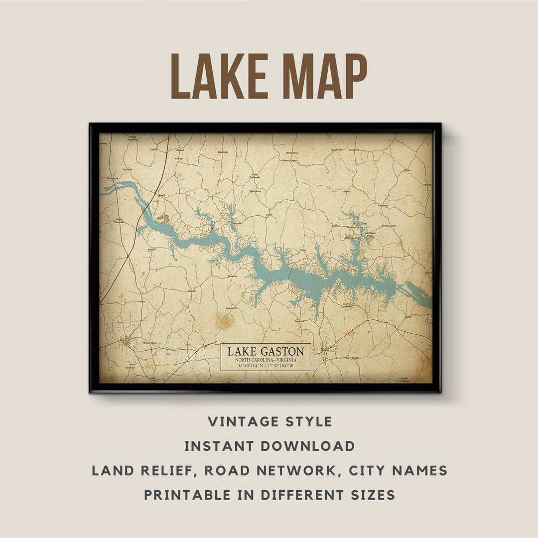 Vintage Style Map of Lake Gaston, North Carolina - Virginia, USA With ...