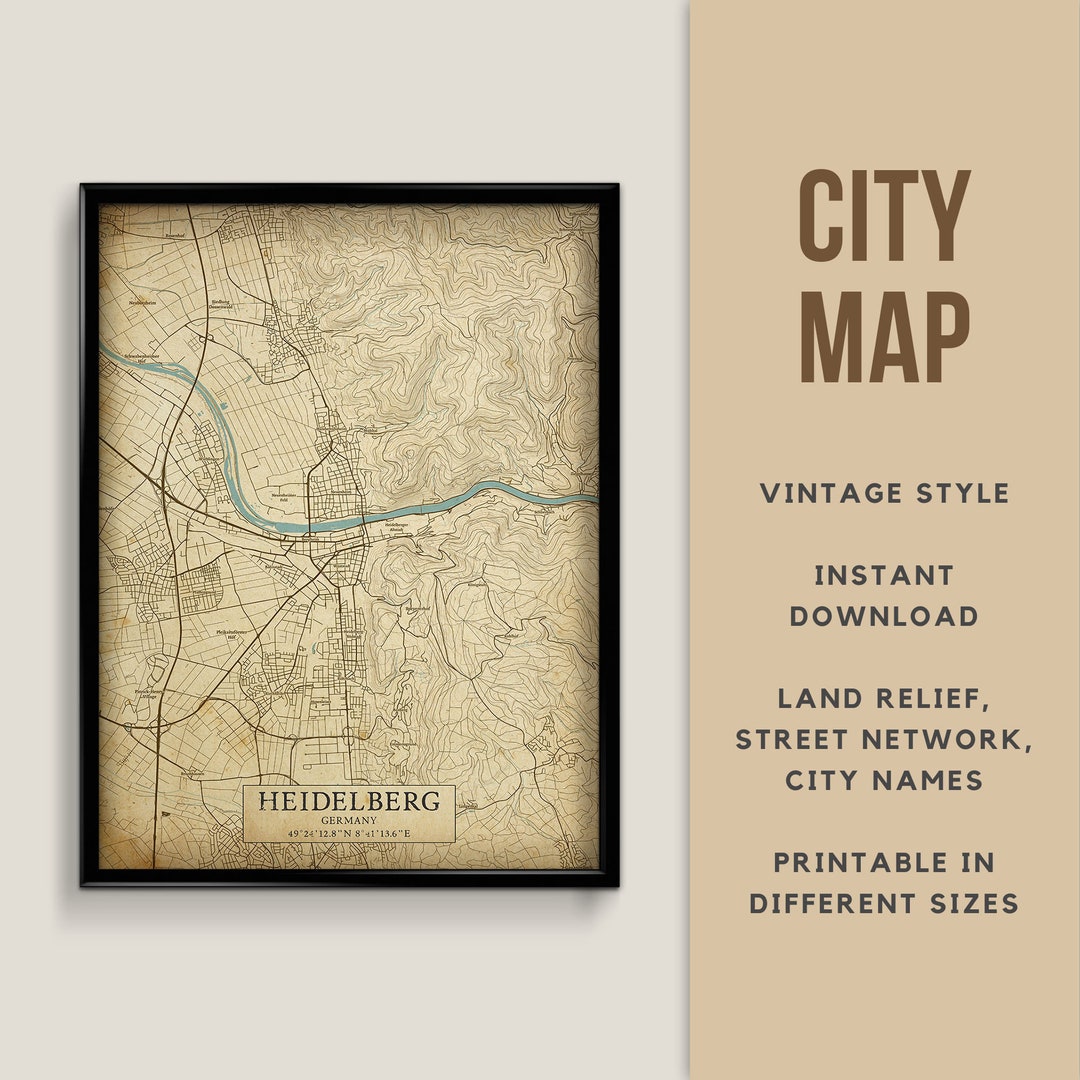 Printable Vintage Style Map of Heidelberg, Germany - Instant Download ...