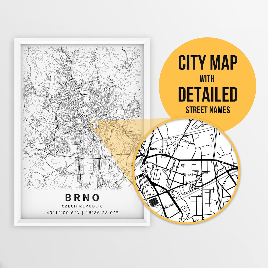 Printable Map of Brno, Czech Republic With Street Names - Instant ...