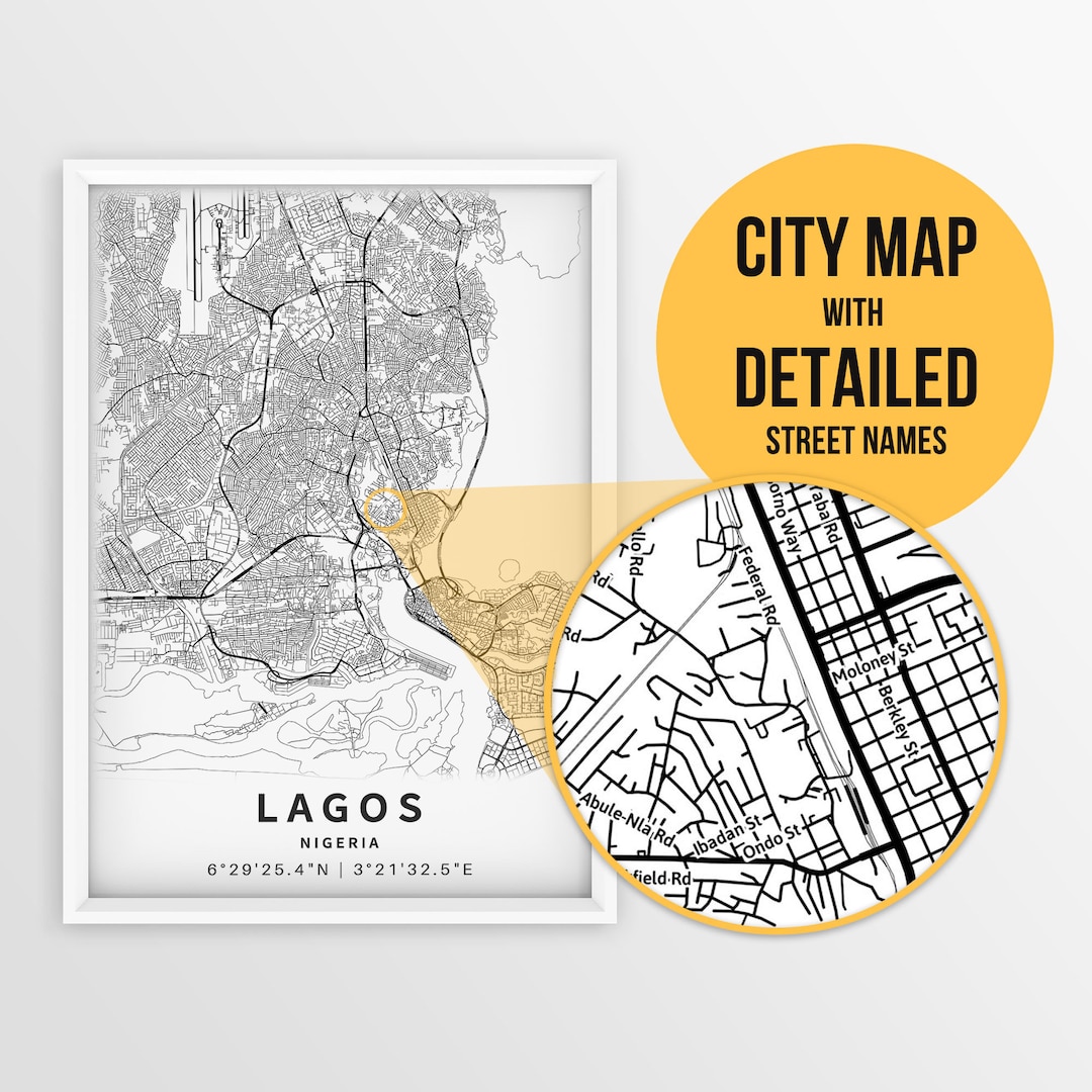 Druckbare Karte von Lagos, Nigeria mit Straßennamen - Sofort Download ...
