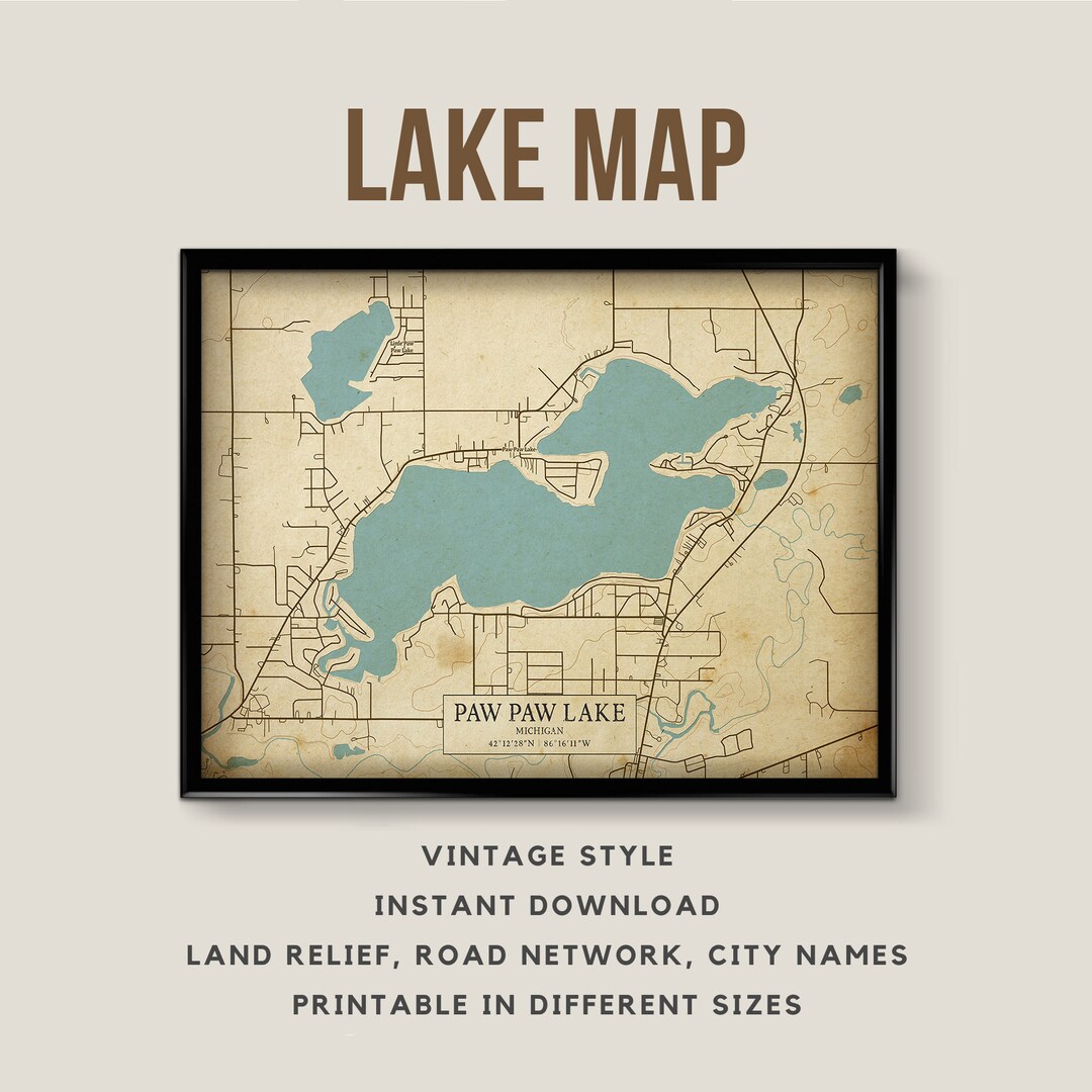 Printable Vintage Style Map of Paw Paw Lake, Michigan, USA - Instant ...