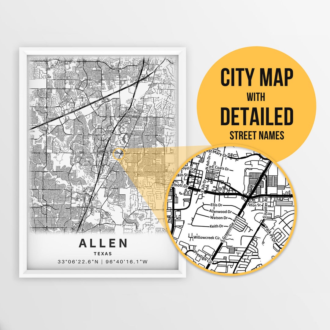 Printable Map of Allen, Texas, USA With Street Names - Instant Download ...
