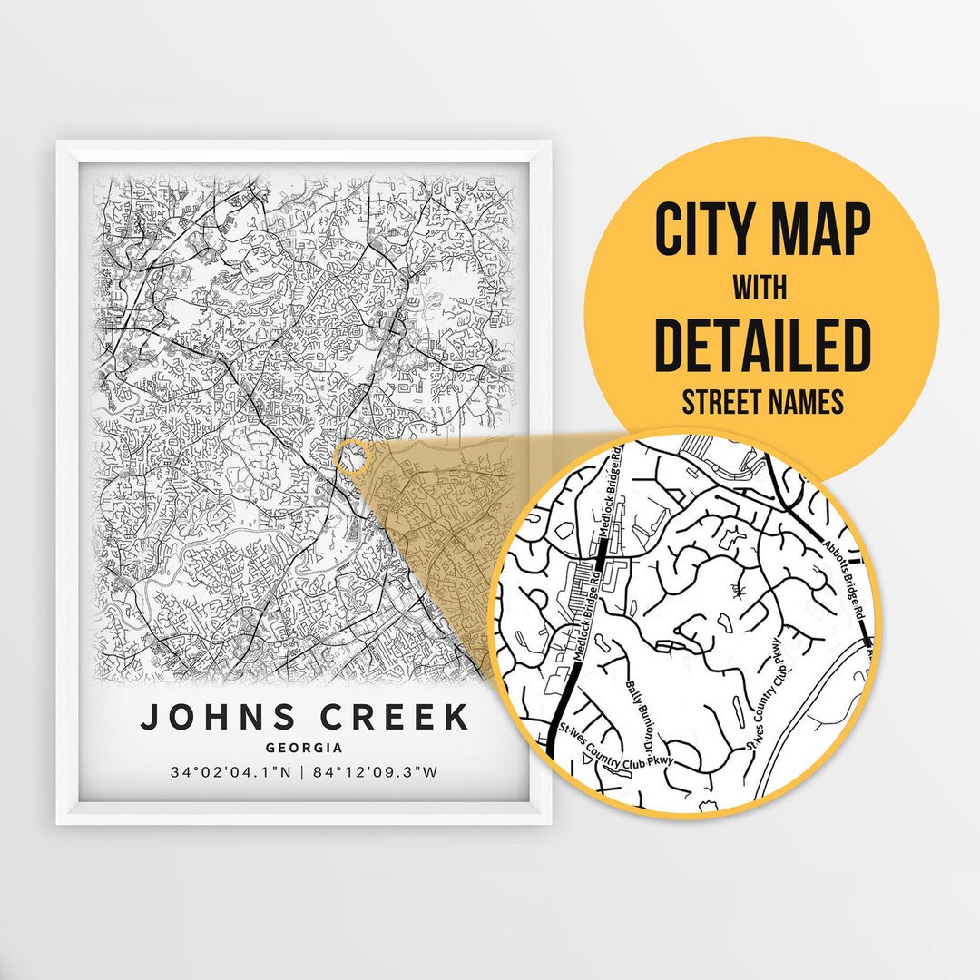 Printable Map of Johns Creek, Georgia, USA With Street Names - Instant ...