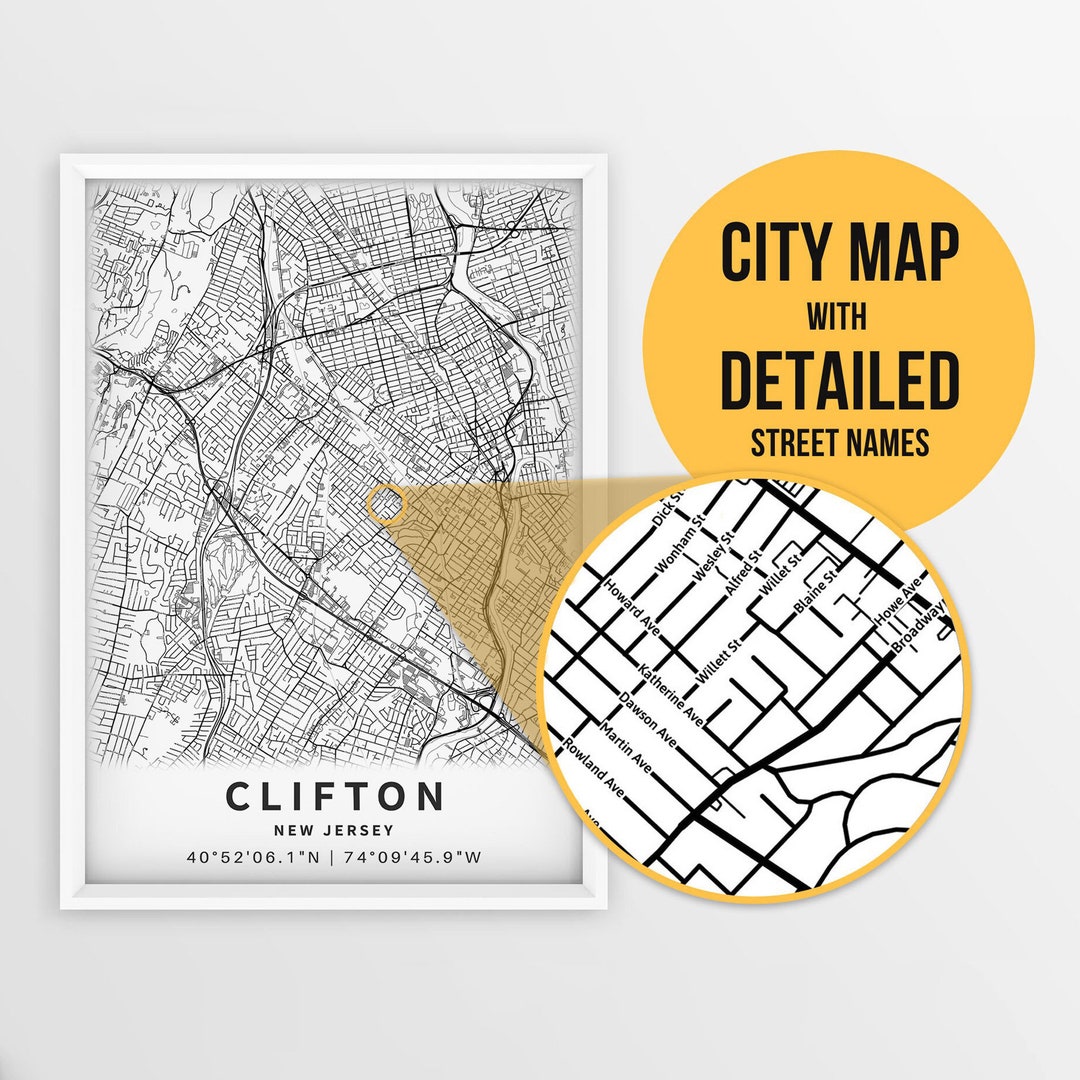 Printable Map of Clifton, New Jersey, USA With Street Names - Instant ...