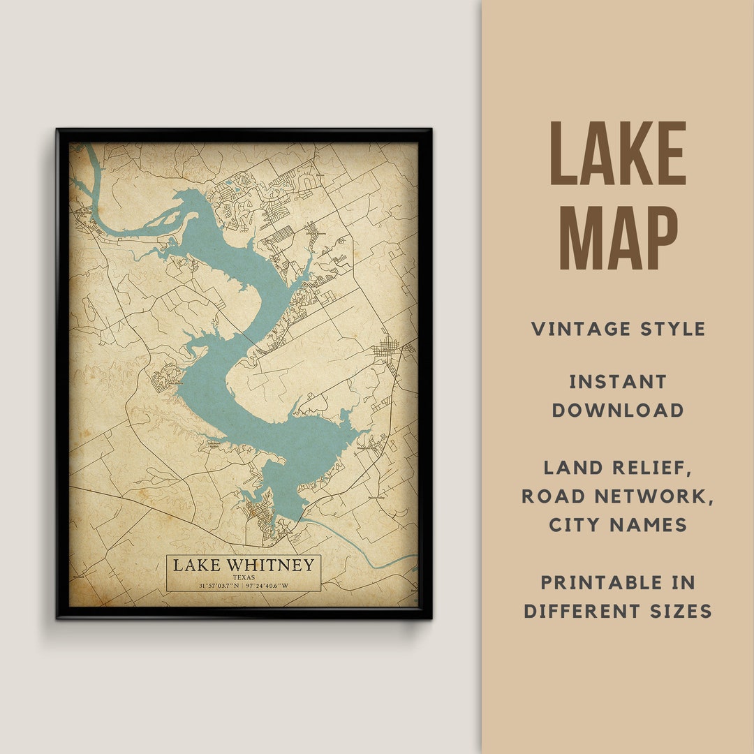 Vintage Style Map of Lake Whitney, Texas, USA With City Names - Instant ...
