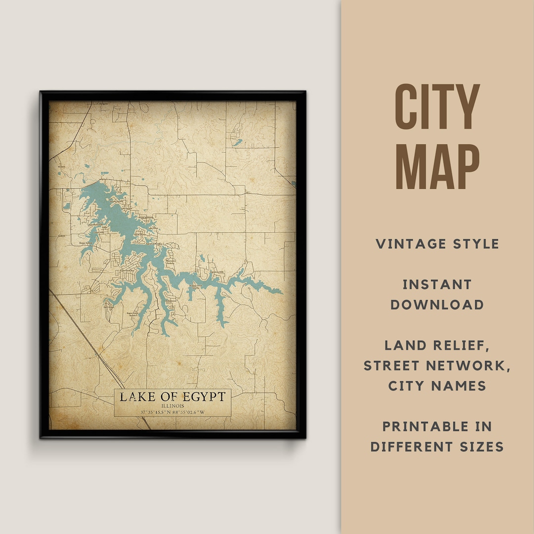 Vintage Style Map of Lake of Egypt, Illinois, USA With City Names ...