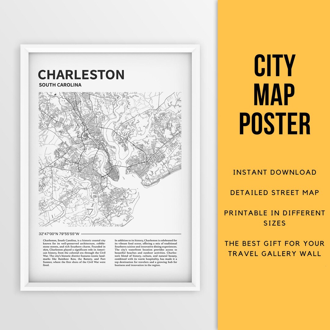 Charleston South Carolina Map, City Street Art Print, Printable ...