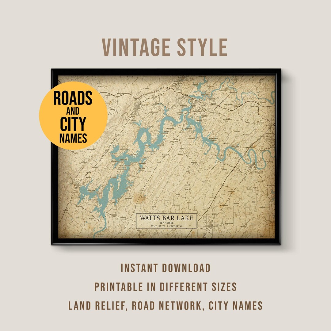 Watts Bar Lake Vintage Style Map, Printable Tennessee Lake House Poster ...