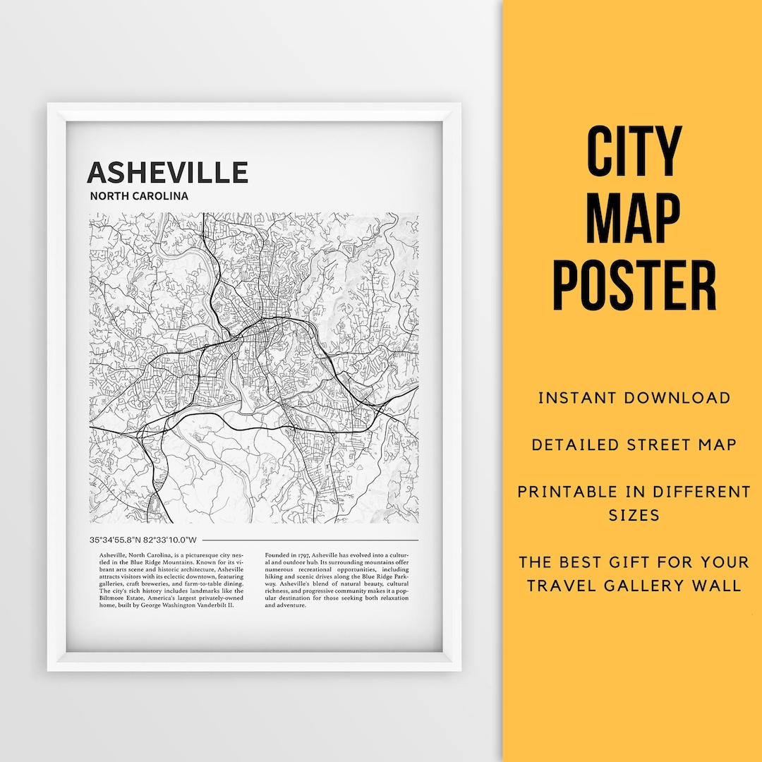 Asheville, North Carolina, USA Printable Map Poster - Instant Download ...