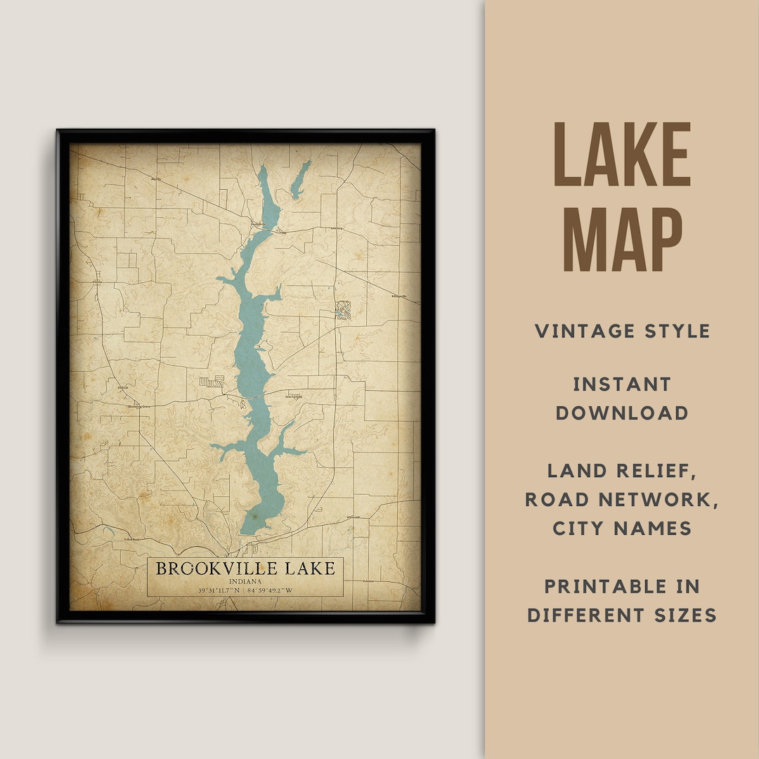 Vintage Style Map of Brookville Lake, Indiana, USA With City Names ...