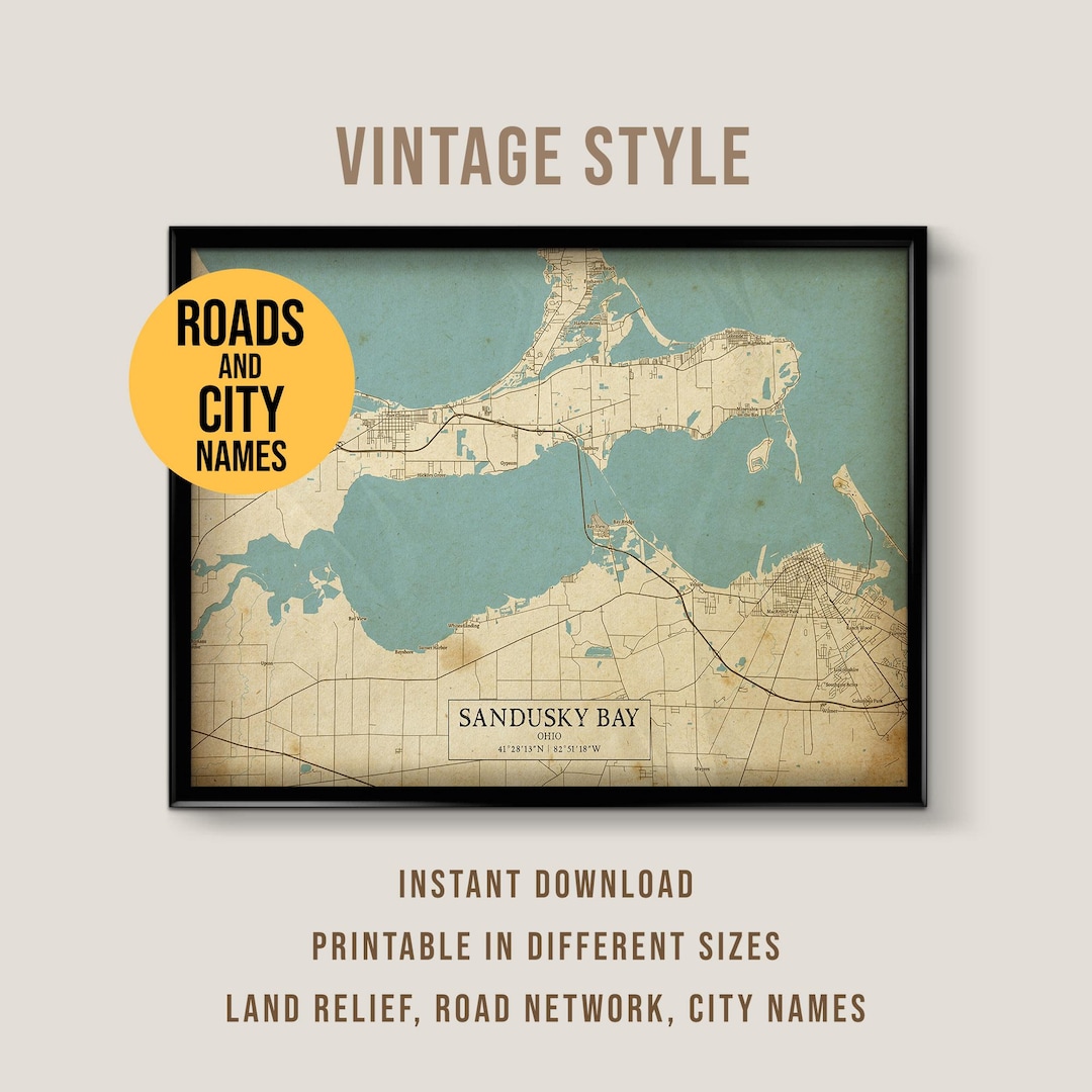 Sandusky Bay Vintage Style Map, Printable Lake Erie House Poster ...