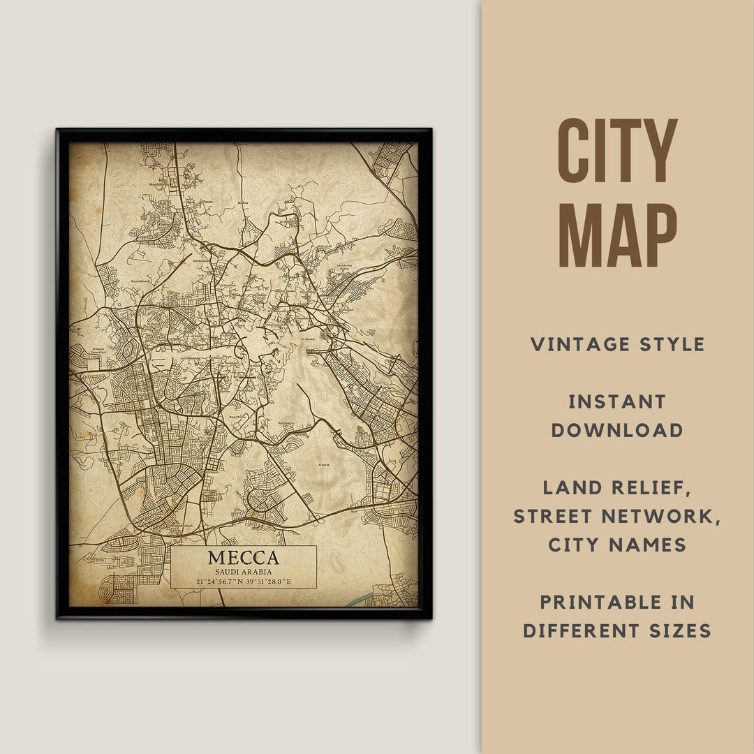 Printable Vintage Style Map of Mecca, Saudi Arabia - Instant Download ...