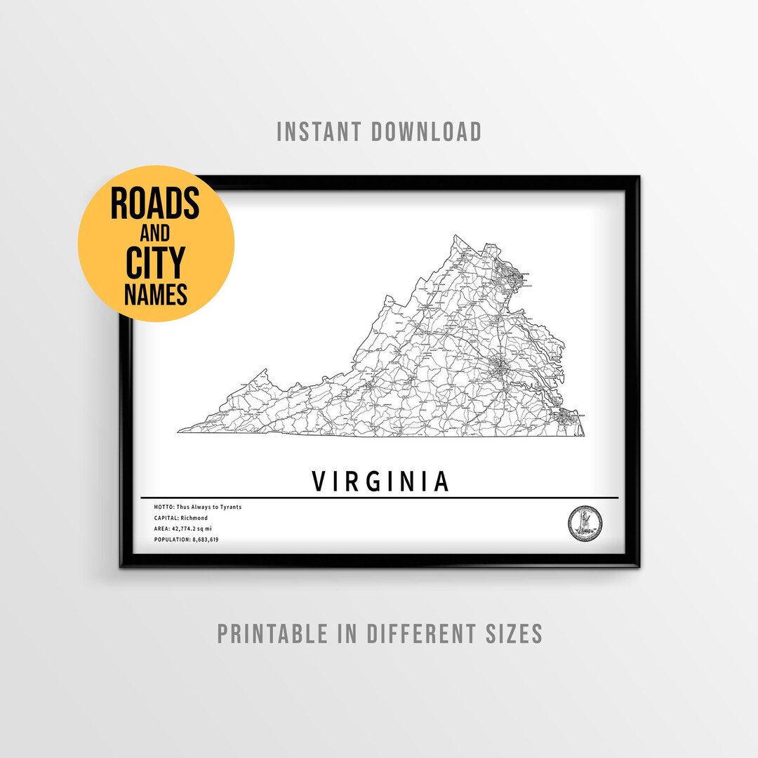Virginia Map Poster, Printable USA Road Map With City Names (instant ...