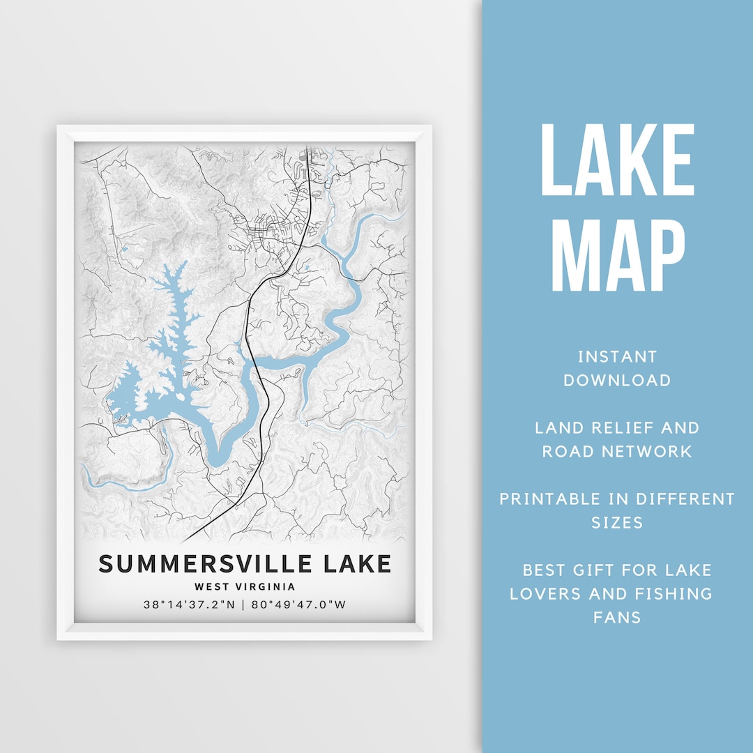 Printable Map of Summersville Lake, West Virginia, US - Instant ...