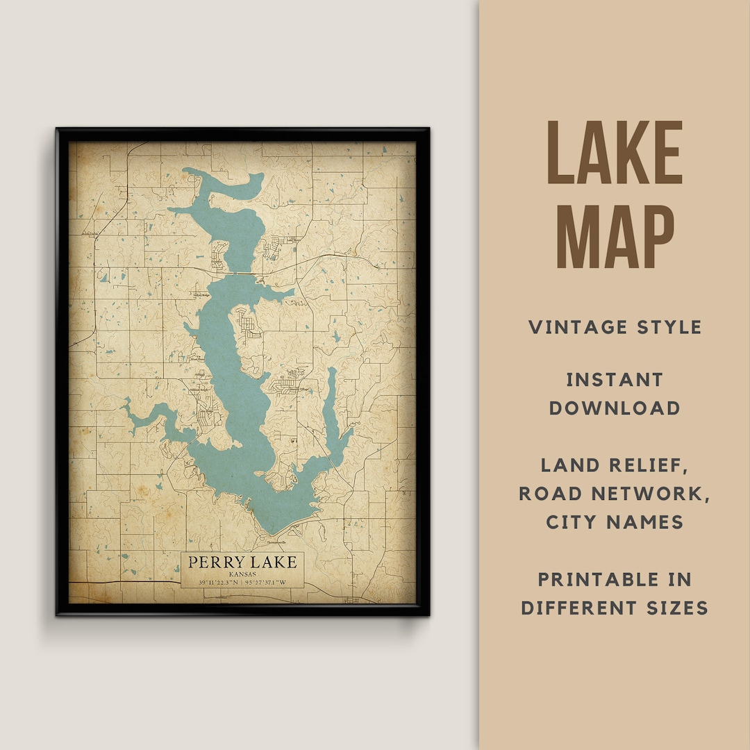 Vintage Style Map of Perry Lake, Kansas, USA With City Names - Instant ...