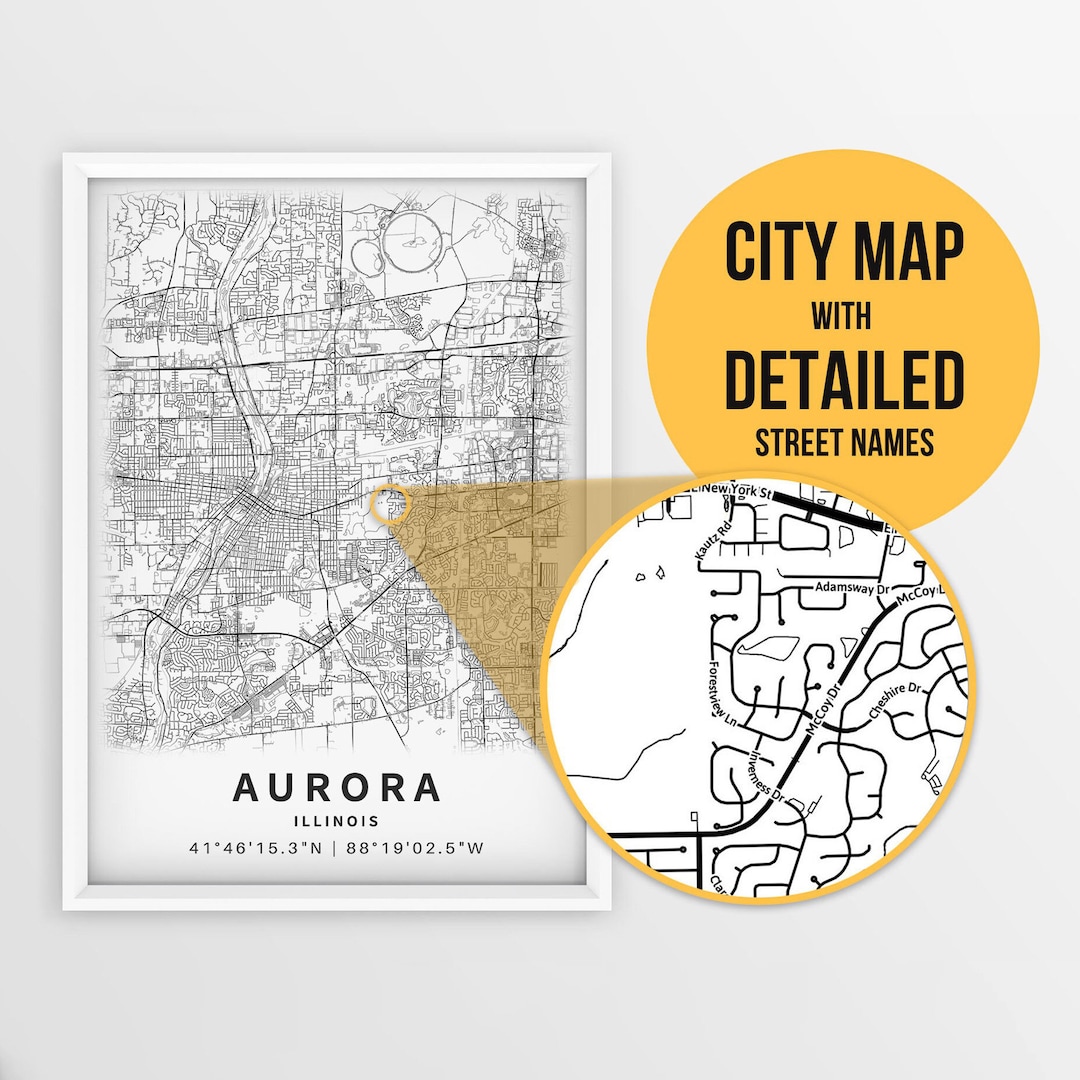 Printable Map of Aurora, Illinois, USA With Street Names - Instant ...