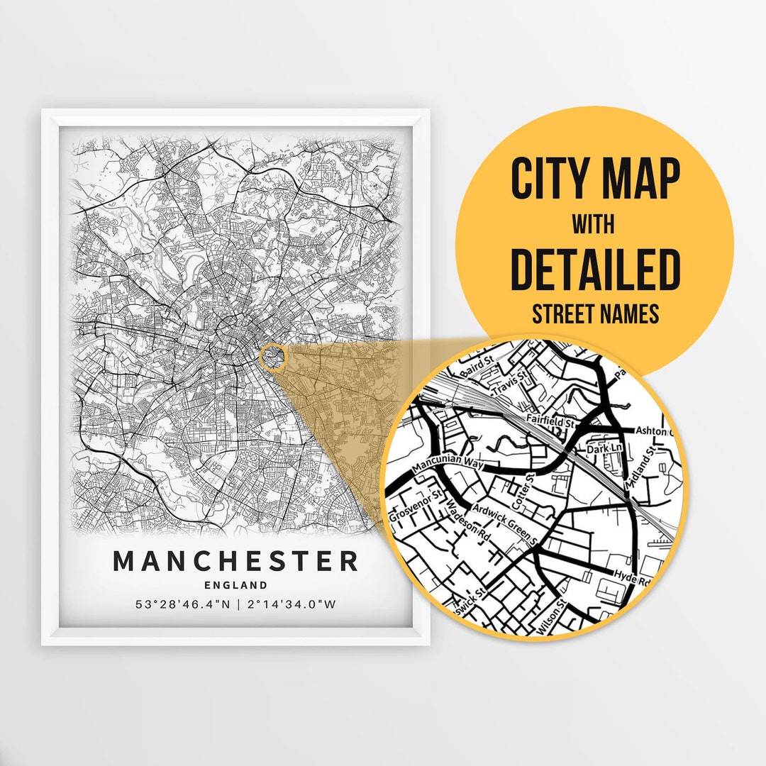 Printable Map of Manchester, England, United Kingdom With Street Names ...