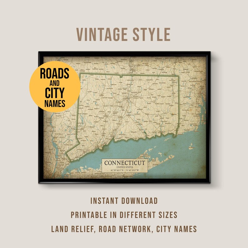 Connecticut Vintage Style Map With Roads and City Names, Printable ...