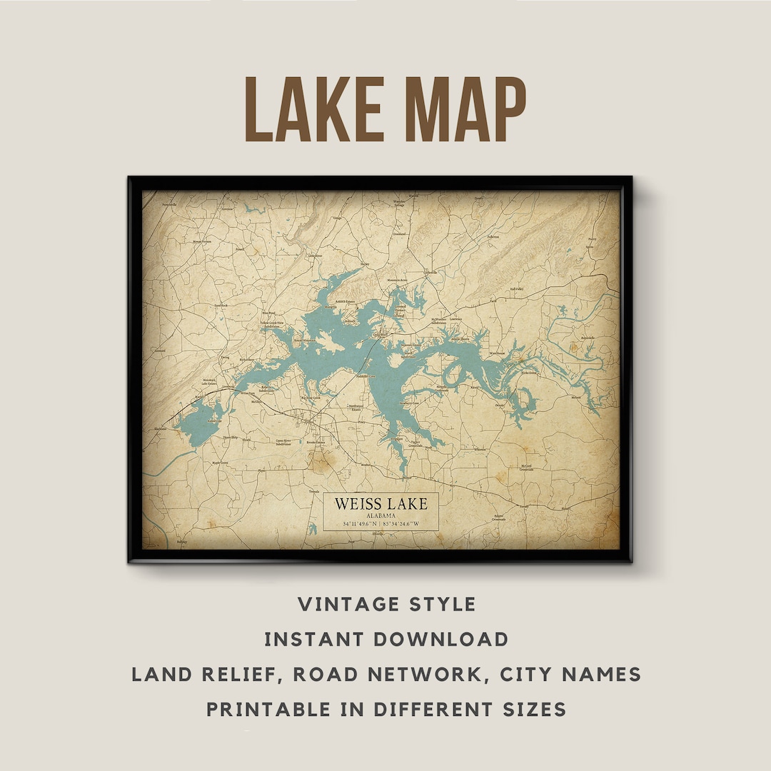 Vintage Style Map of Weiss Lake, Alabama, USA With City Names Instant ...