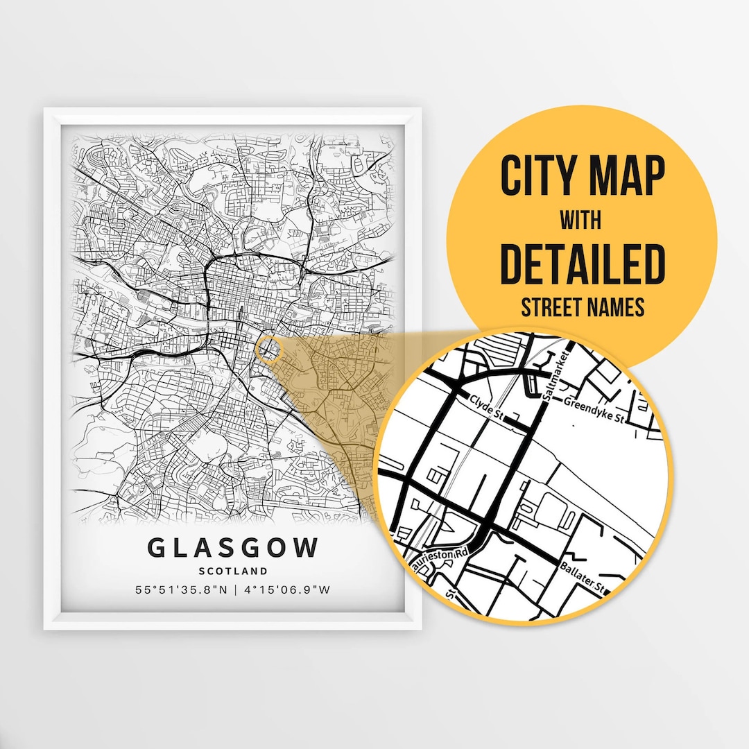 Printable Map of Glasgow, Scotland, United Kingdom With Street Names ...