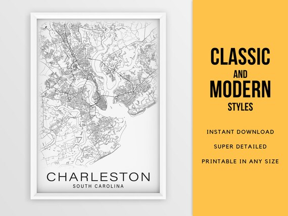 Printable Map of Charleston South Carolina USA City Map - Etsy