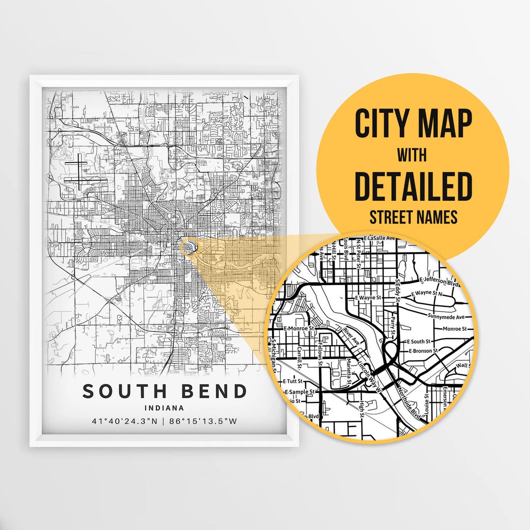 Buy Printable Map of South Bend, Indiana, USA With Street Names ...