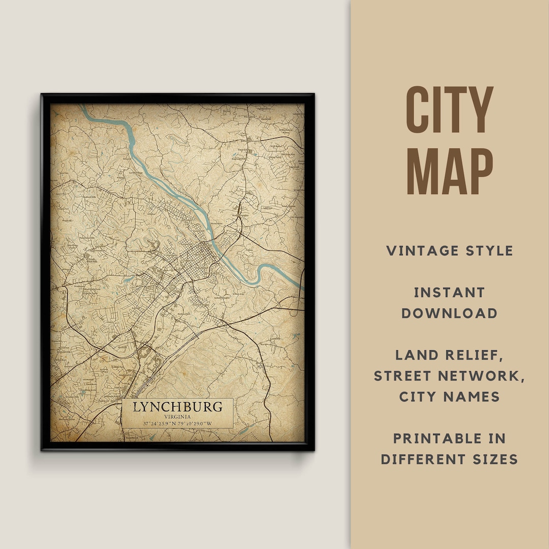 Vintage Style Map of Lynchburg, Virginia, USA - Instant Download ...