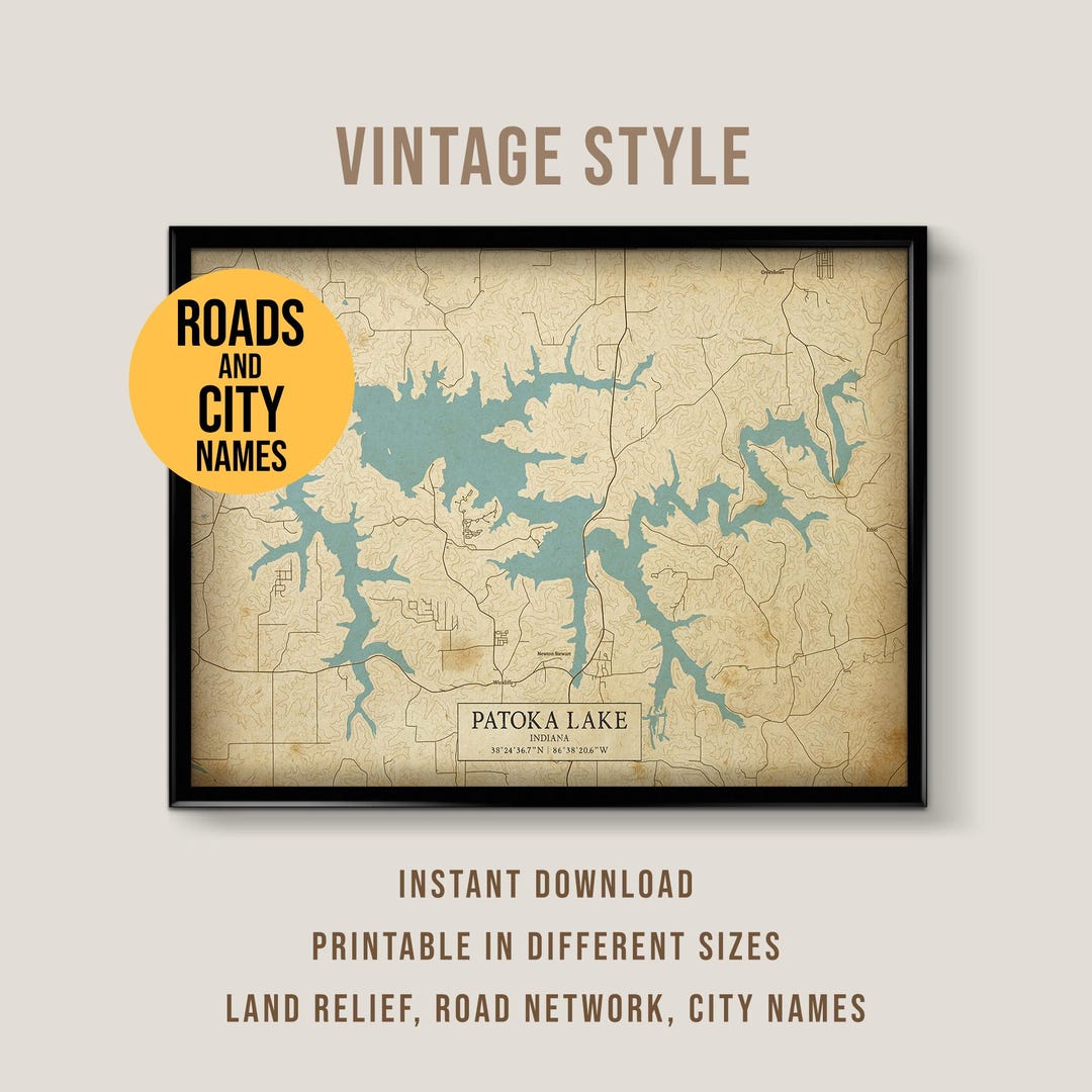 Patoka Lake Vintage Style Map, Printable Indiana Lake House Poster ...