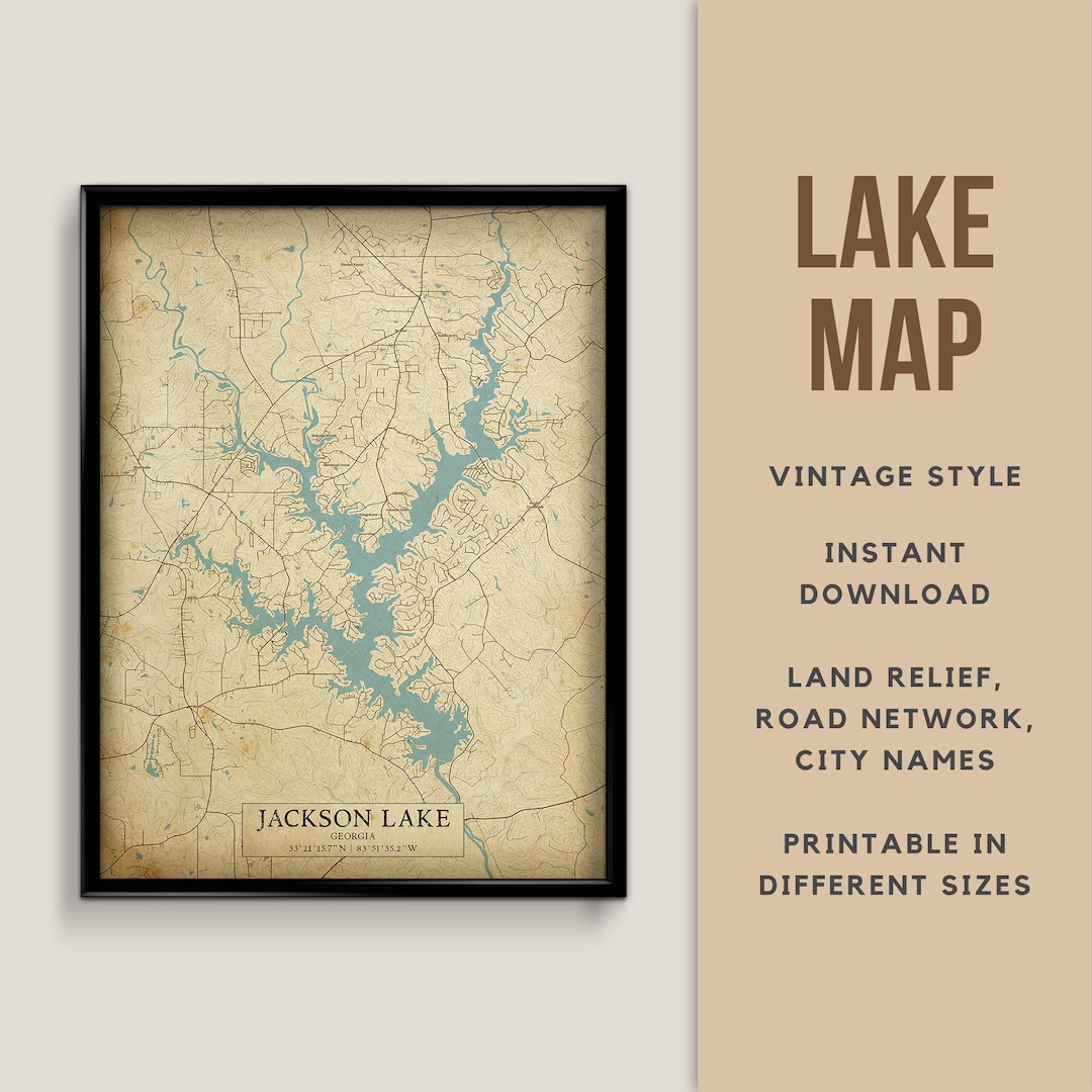 Vintage Style Map of Jackson Lake, Georgia, USA With City Names ...