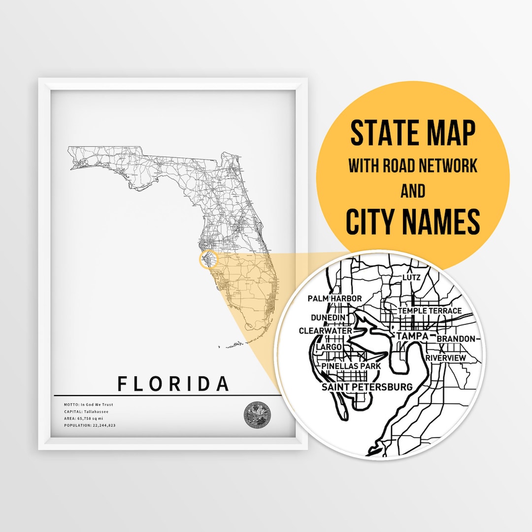 Printable Map of Florida With City Names and Roads - Instant Download ...