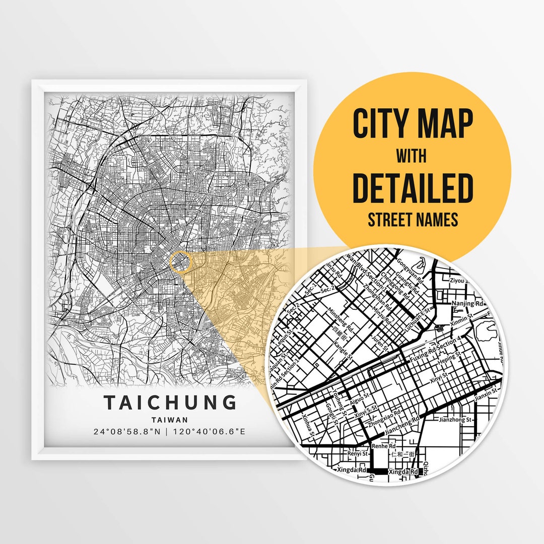 Printable Map of Taichung, Taiwan With Street Names - Instant Download ...
