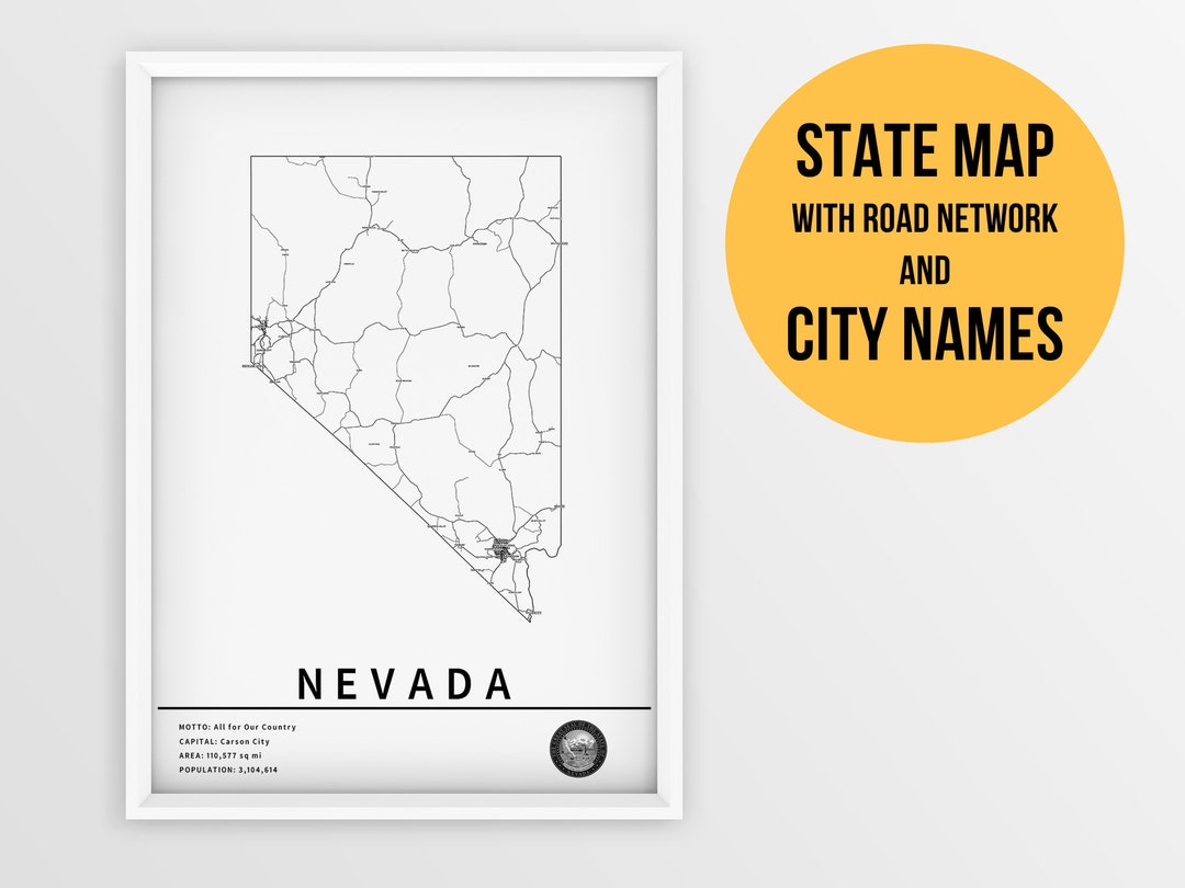 Printable Map of Nevada United States With City Names - Etsy