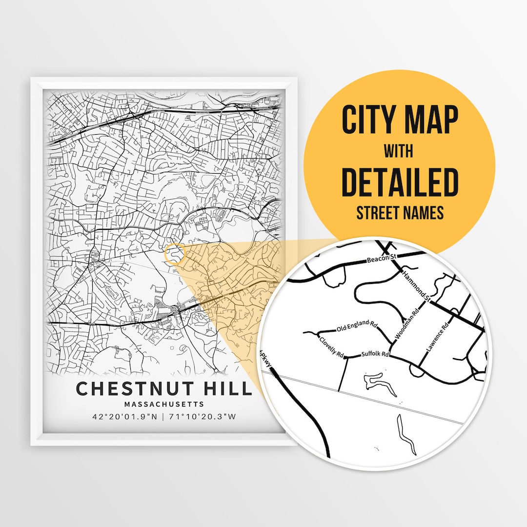 Printable Map of Chestnut Hill, Massachusetts, USA With Street Names ...