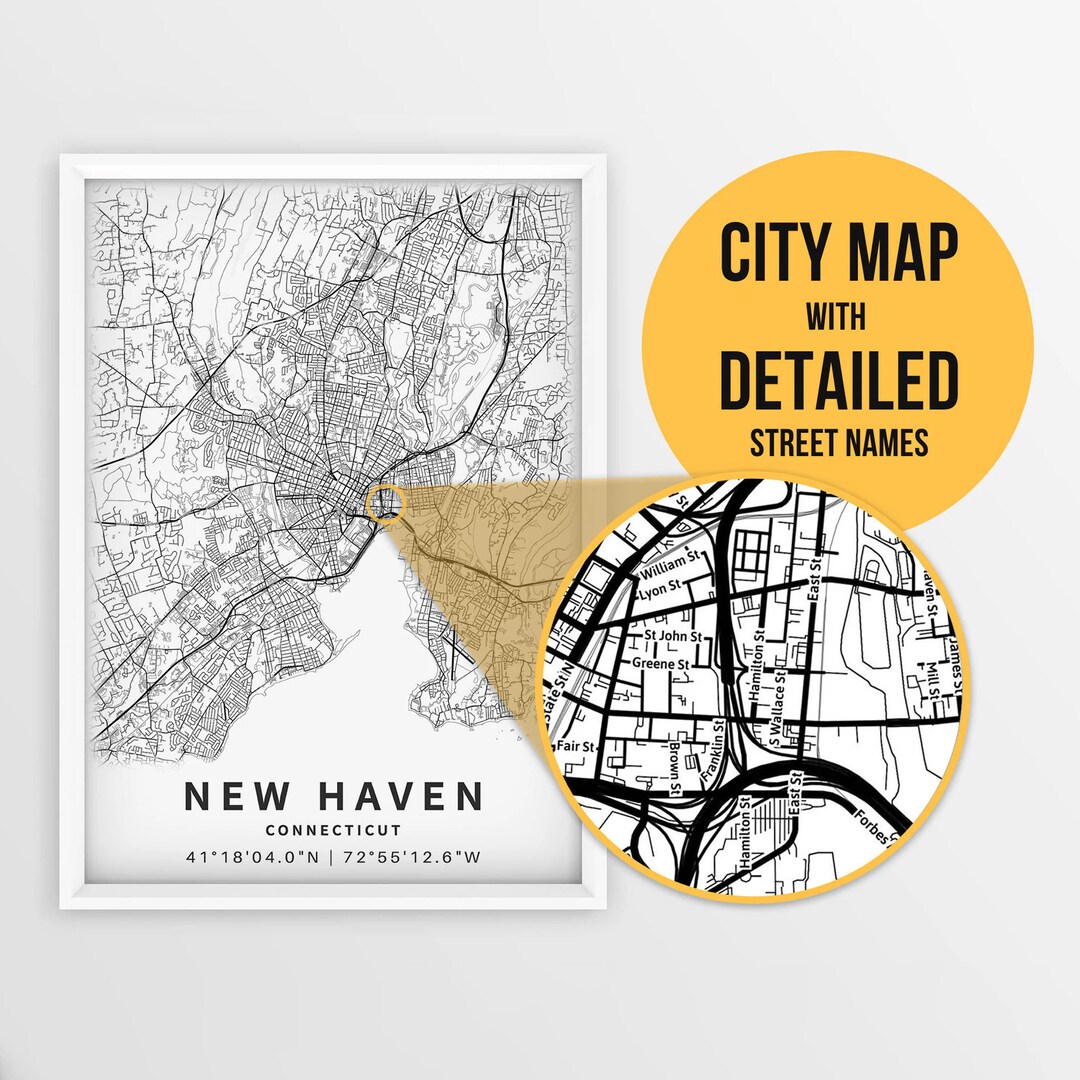 Printable Map of New Haven, Connecticut, USA With Street Names ...