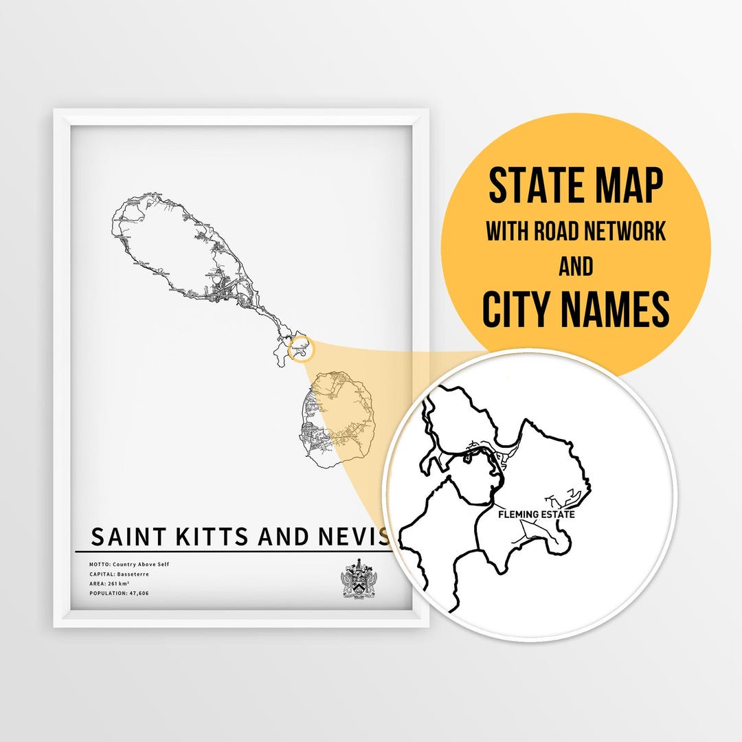 Printable Map of Saint Kitts and Nevis With City Names and Roads ...