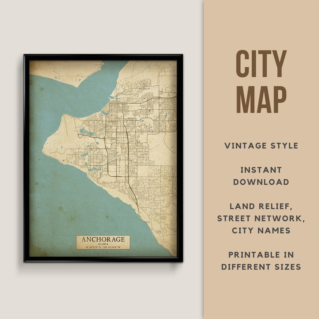 Printable Vintage Style Map of Anchorage, Alaska, USA Instant Download ...