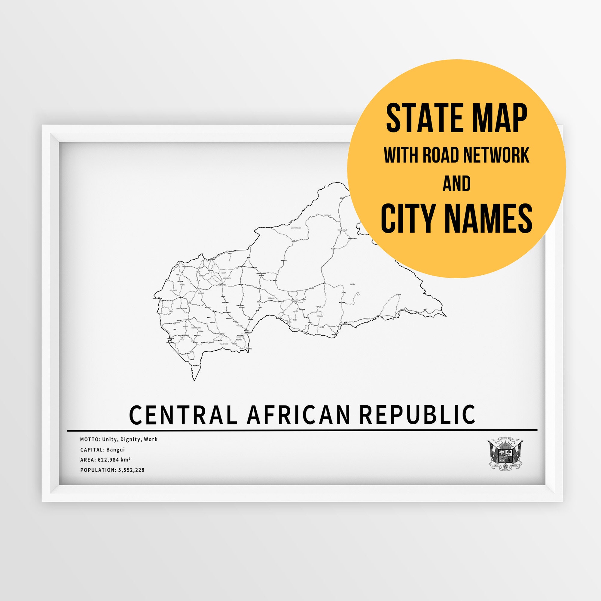 Printable Map of Central African Republic With City Names and Roads ...