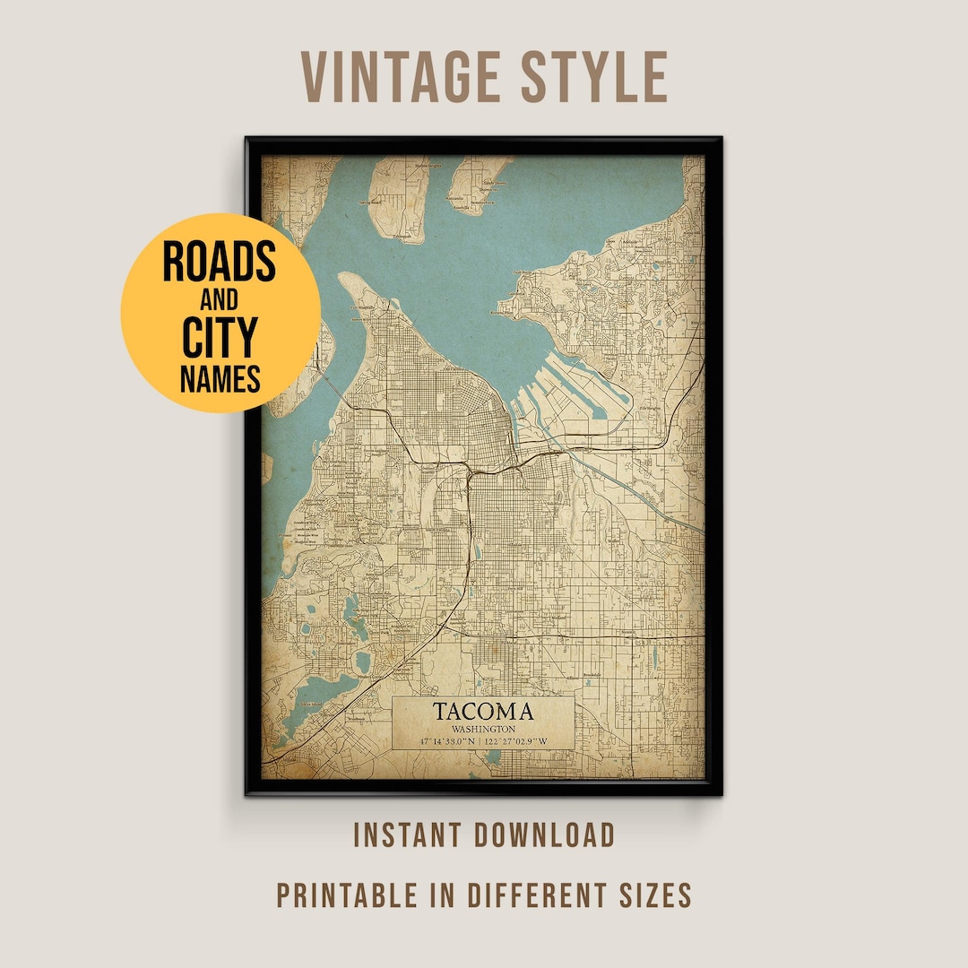 Tacoma, Washington Vintage Style Map, Printable Tacoma City Poster ...