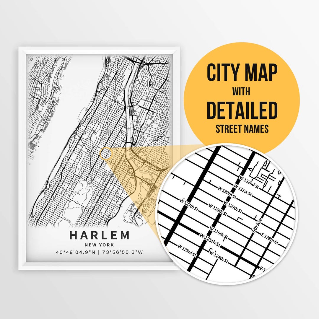 Printable Map of Harlem, New York City, USA With Street Names - Instant ...