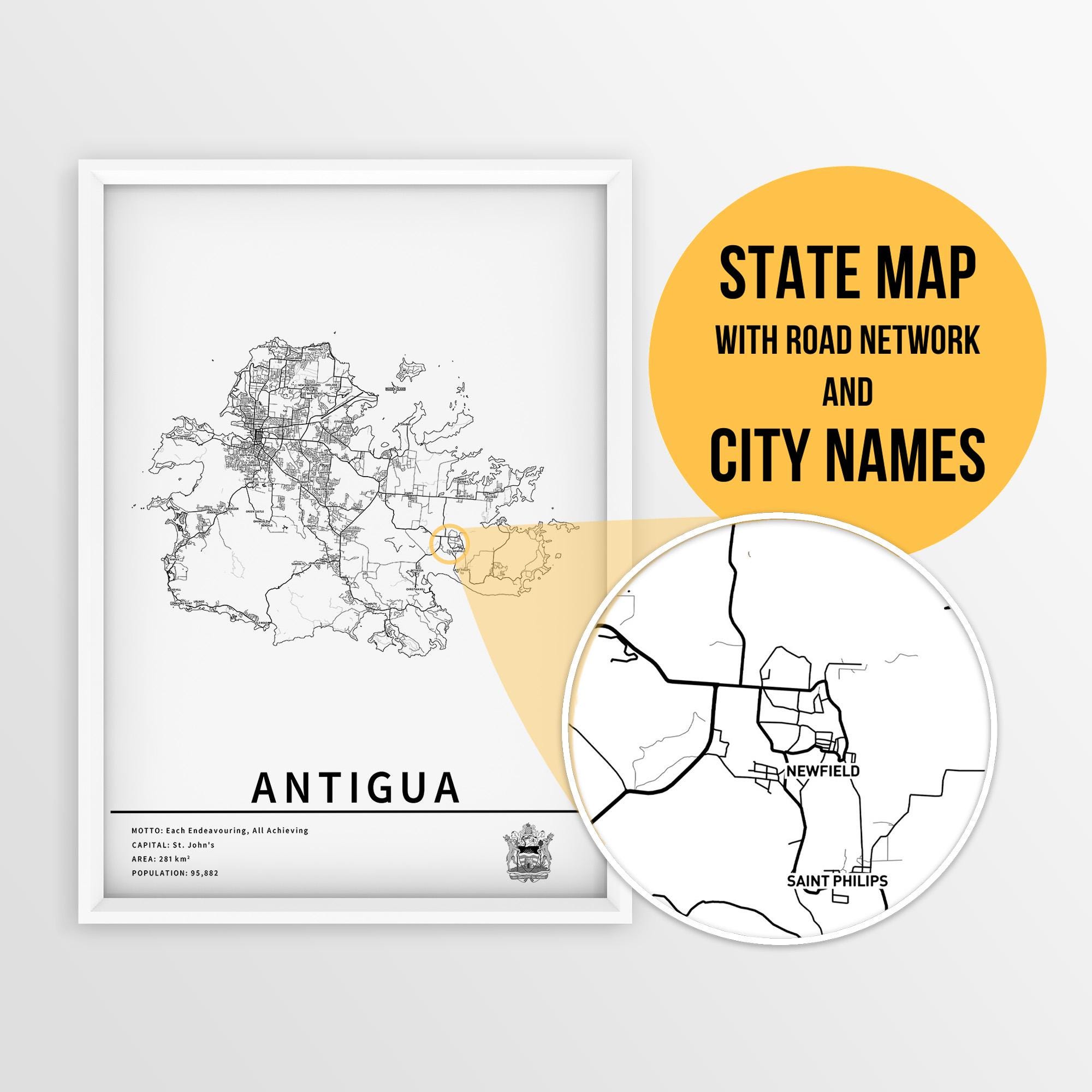 Printable Map of Antigua Island With City Names and Roads - Instant ...