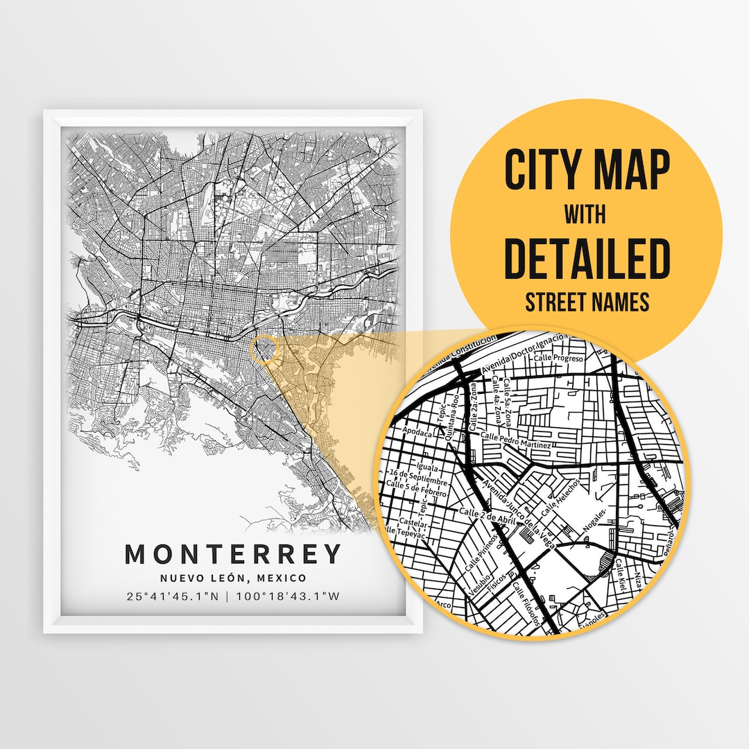 Printable Map of Monterrey, Mexico With Street Names Instant Download ...