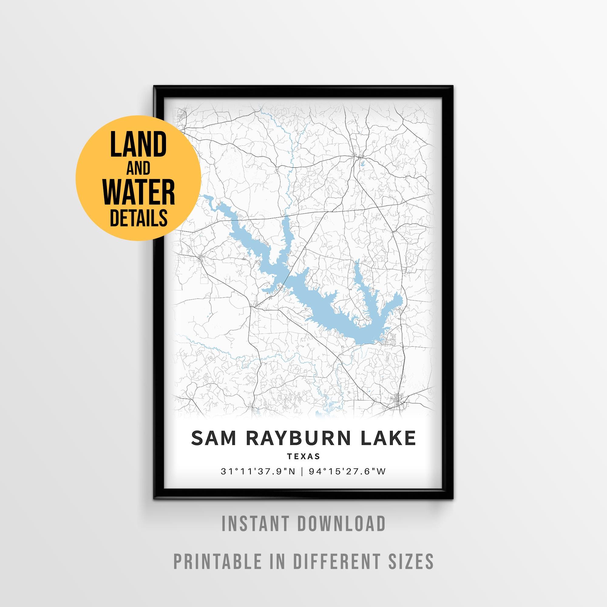Sam Rayburn Lake Map Poster, Printable Texas Lake House Decor (instant ...